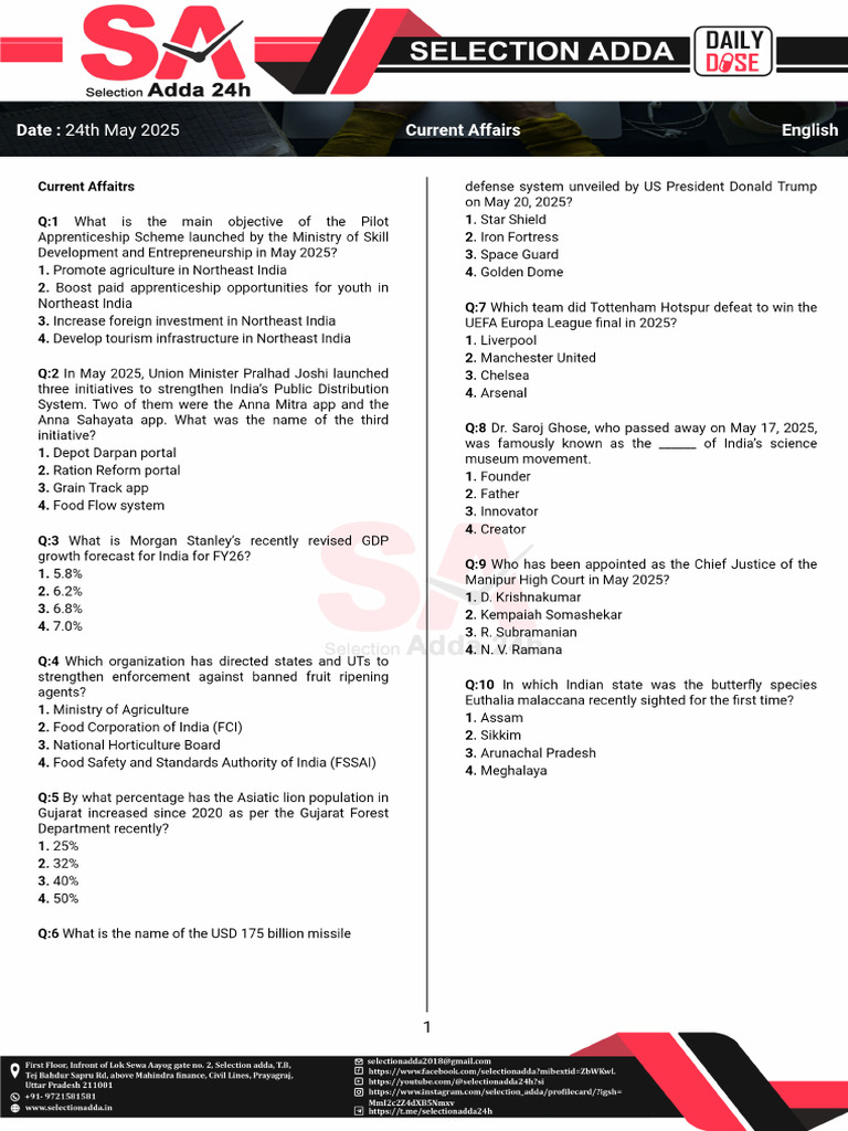 Current Affairs - English - 24th May 2025 | PDF