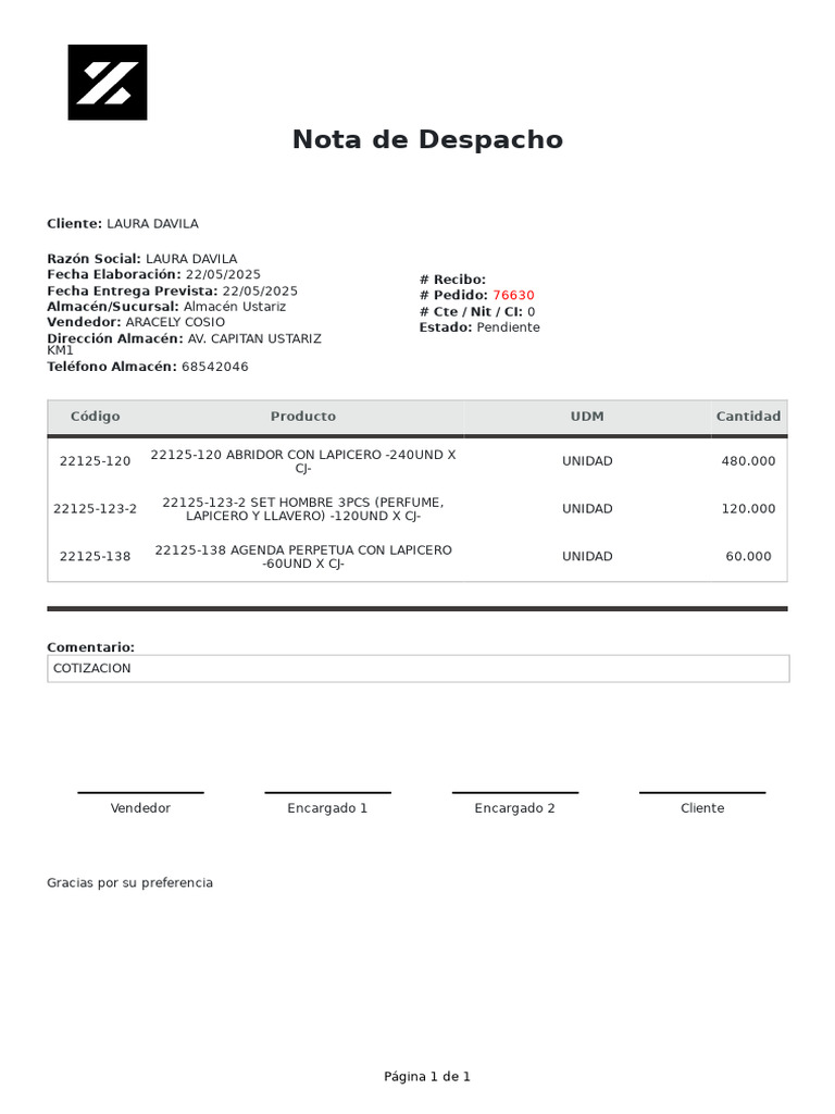 Nota de Despacho #76630 | PDF