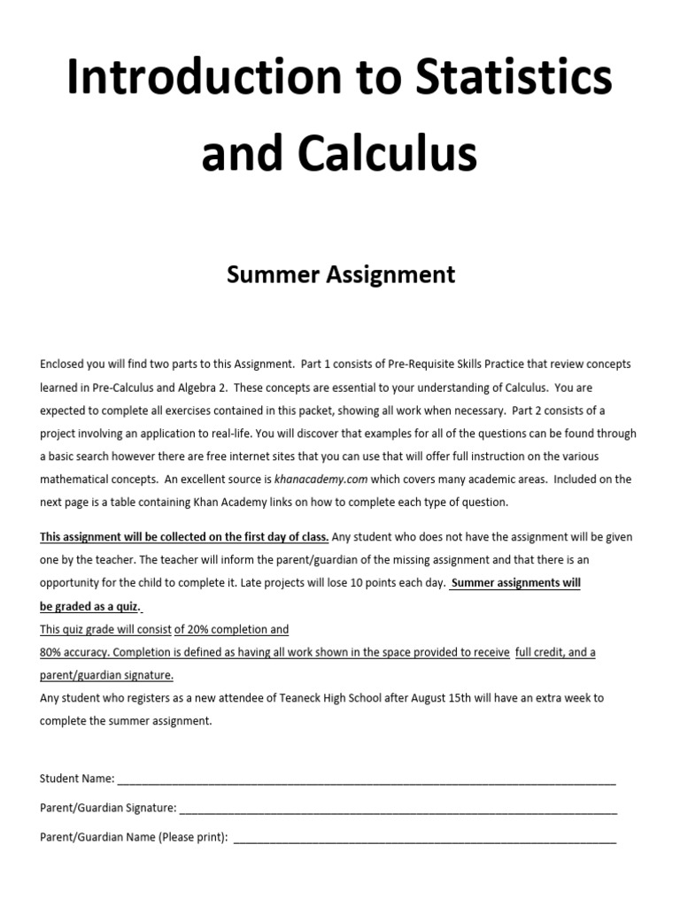 Intro Stat Calc Summer Assignment | PDF | Quadratic Equation | Algebra