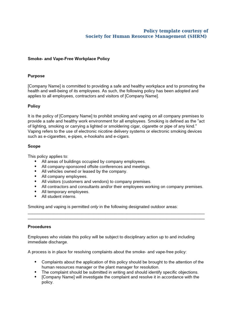 Smoke- and Vape-Free Workplace Policy | PDF | Electronic Cigarette ...