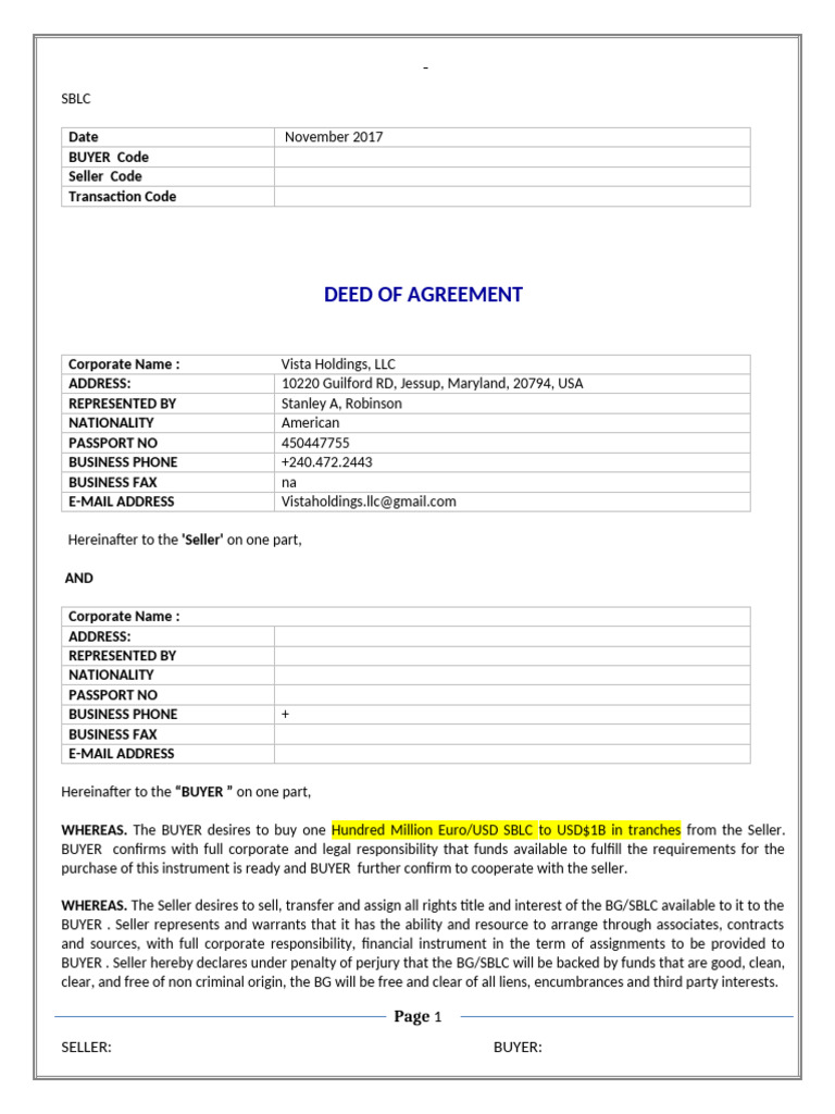 10x100m BG - SBLC Vista Doa-1 | PDF | Letter Of Credit | Banks
