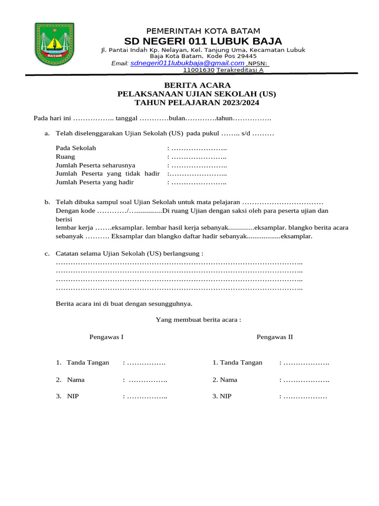 Berita Acara Pelaksanaan Ujian Sekolah | PDF