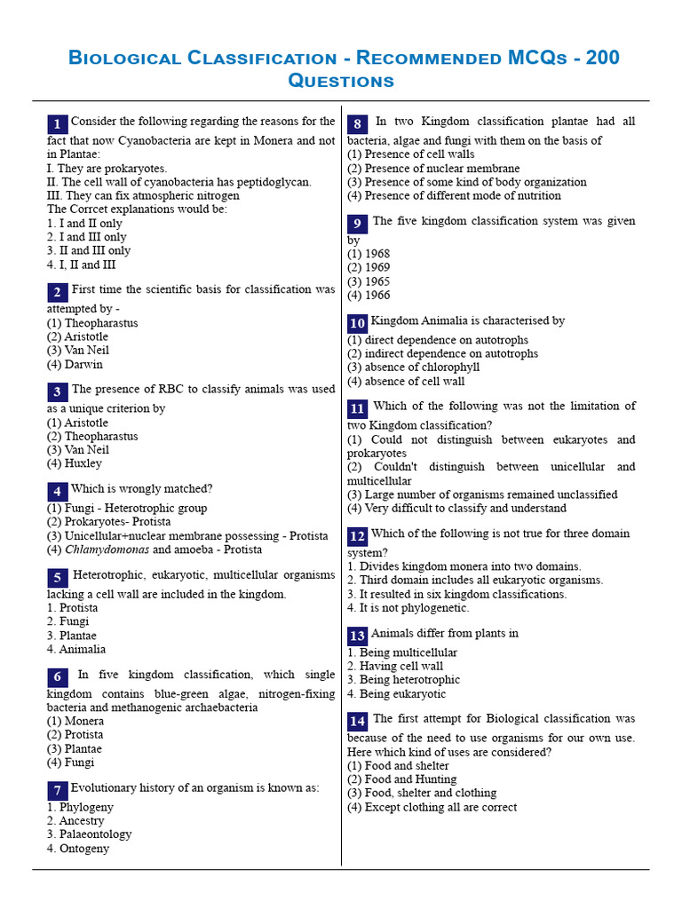 Biological Classification - Recommended MCQs - 200 Questions | PDF ...