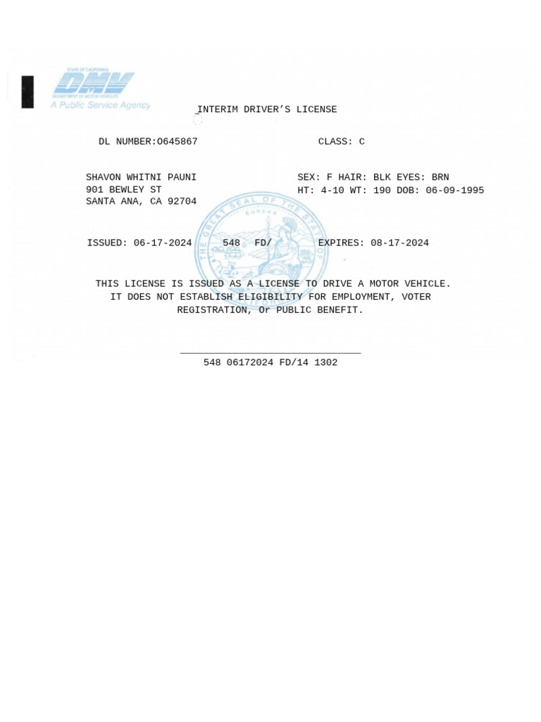 Interim Driver's License - CA Class C | PDF