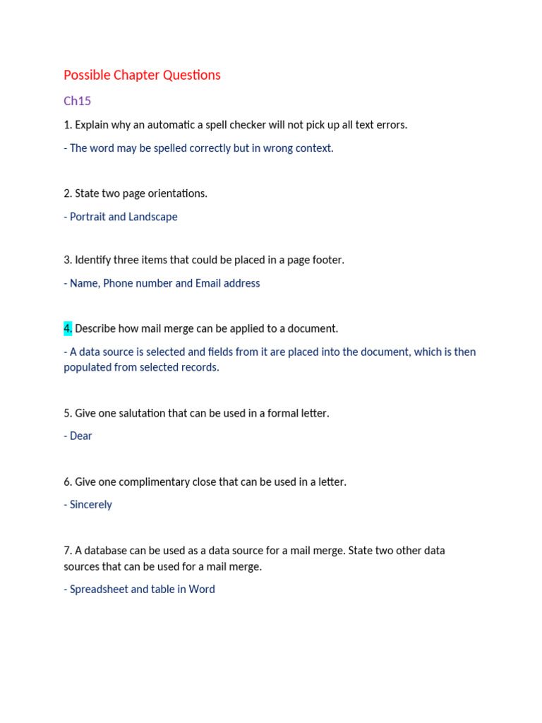 Possible Chapter Questions | PDF | Spreadsheet | Computing