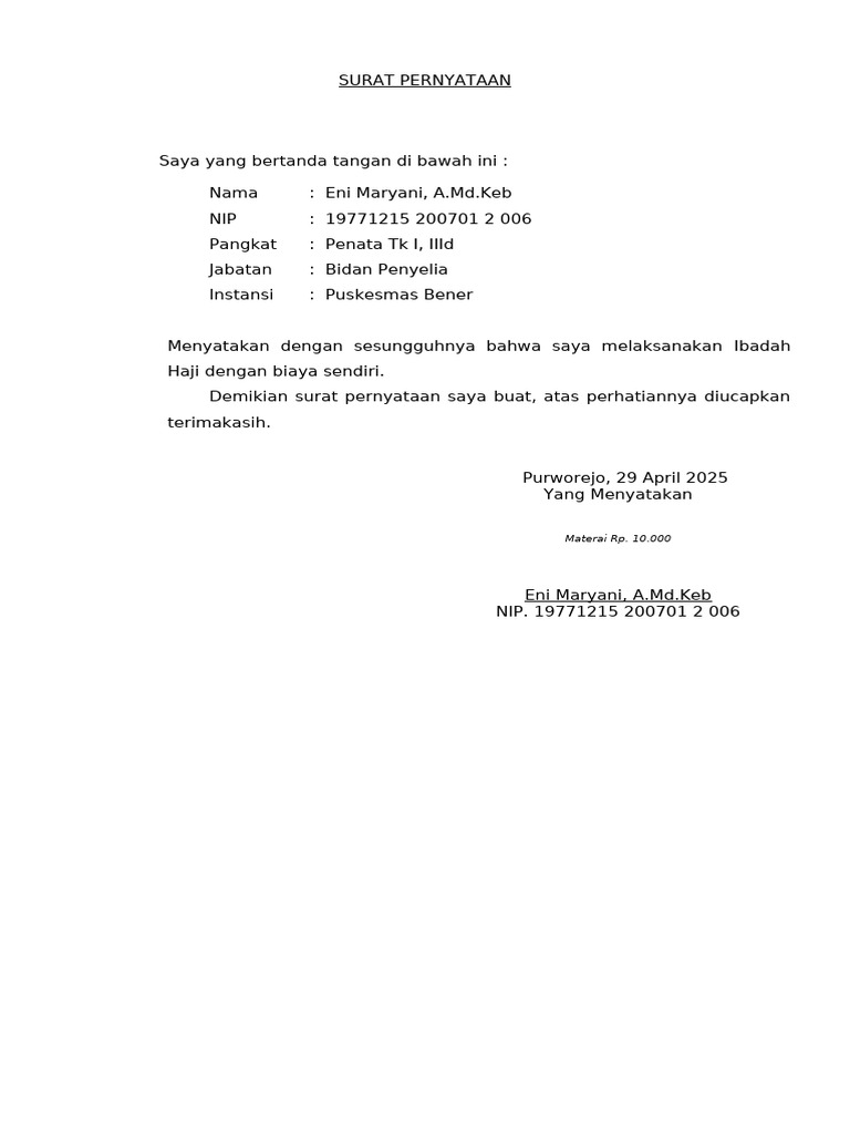 Surat Pernyataan Ibadah Haji Eni Maryani | PDF