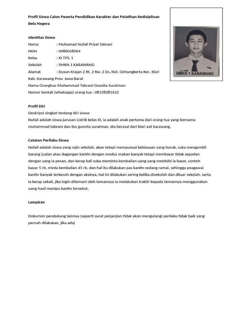 form profil siswa peserta pendidikan bela negara | PDF