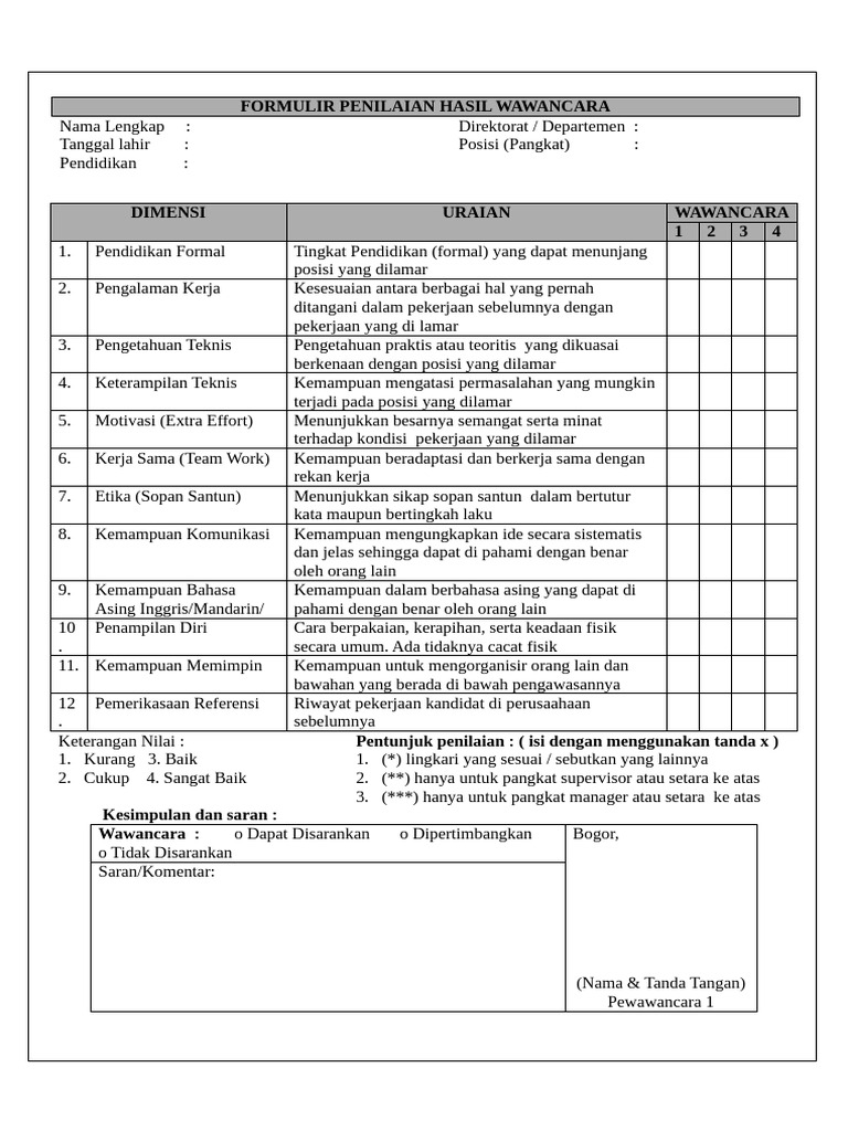 FORMULIR PENILAIAN HASIL WAWANCARA | PDF