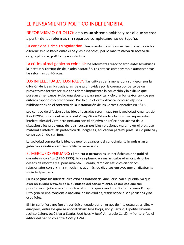 El Pensamiento Politico Independista | PDF | Perú