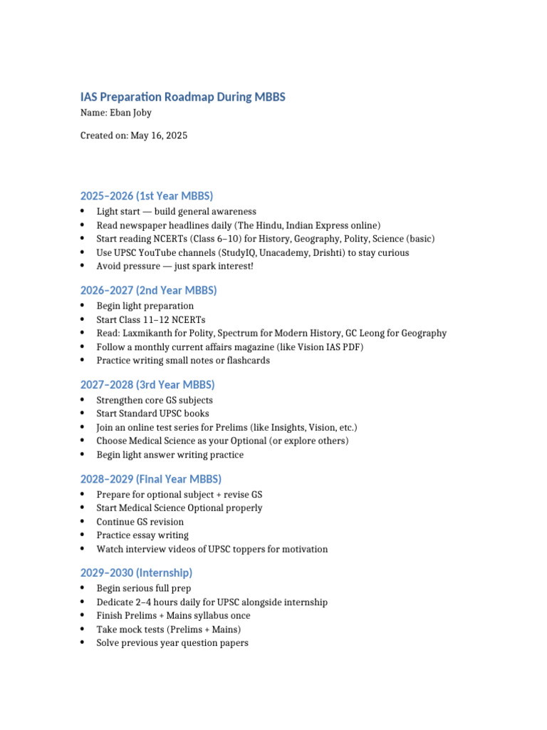 IAS Roadmap During MBBS Eban Joby | PDF