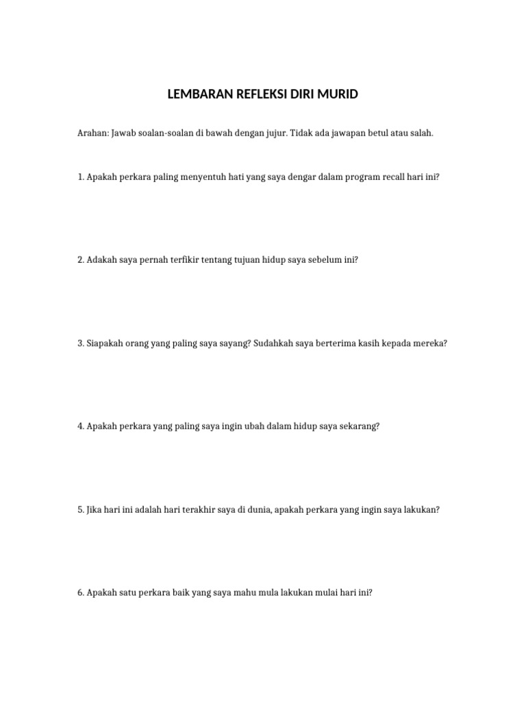 Lembaran - Refleksi - Murid - AFTER RECALL | PDF