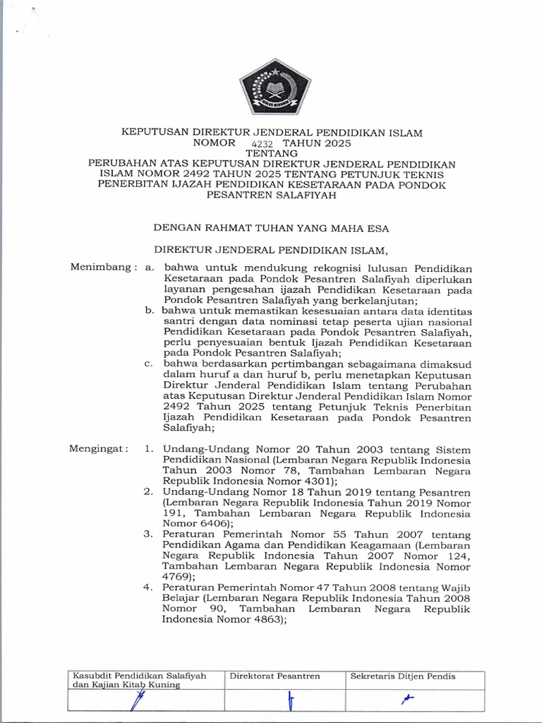 SK Perubahan Atas Keputusan Direktur Jenderal Pendidikan Islam Nomor 2492 | PDF