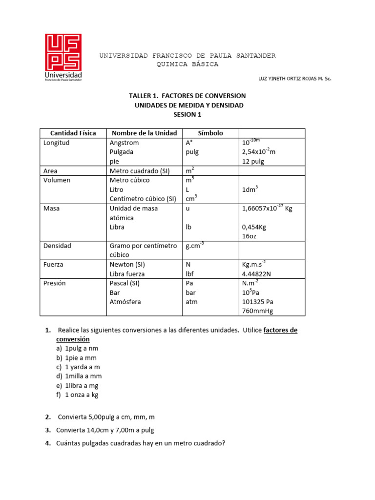 Taller 1. Factores de Conversion | PDF | Pascal (Unidad) | Densidad