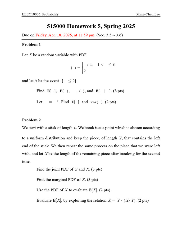 Homework Problem Set 5 Revision | PDF | Probability Density Function | Expected Value