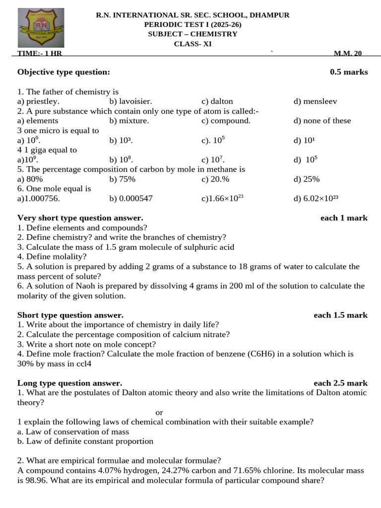 Chemistry Test Paper for Class XI | PDF | Mole (Unit) | Chemistry