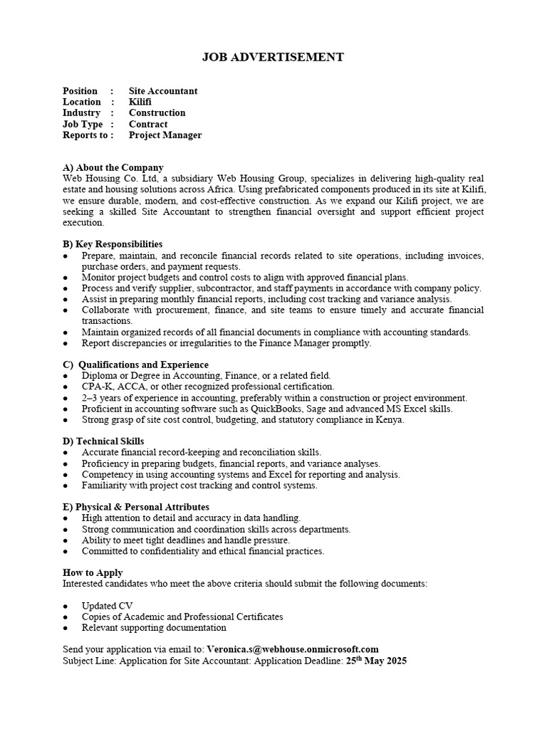 Job Advertisement - Site Accountant | PDF | Accounting | Accountant