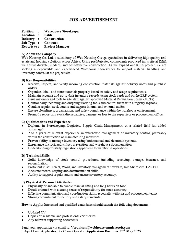 Job Advertisement - Warehouse Store Keeper | PDF | Warehouse | Inventory