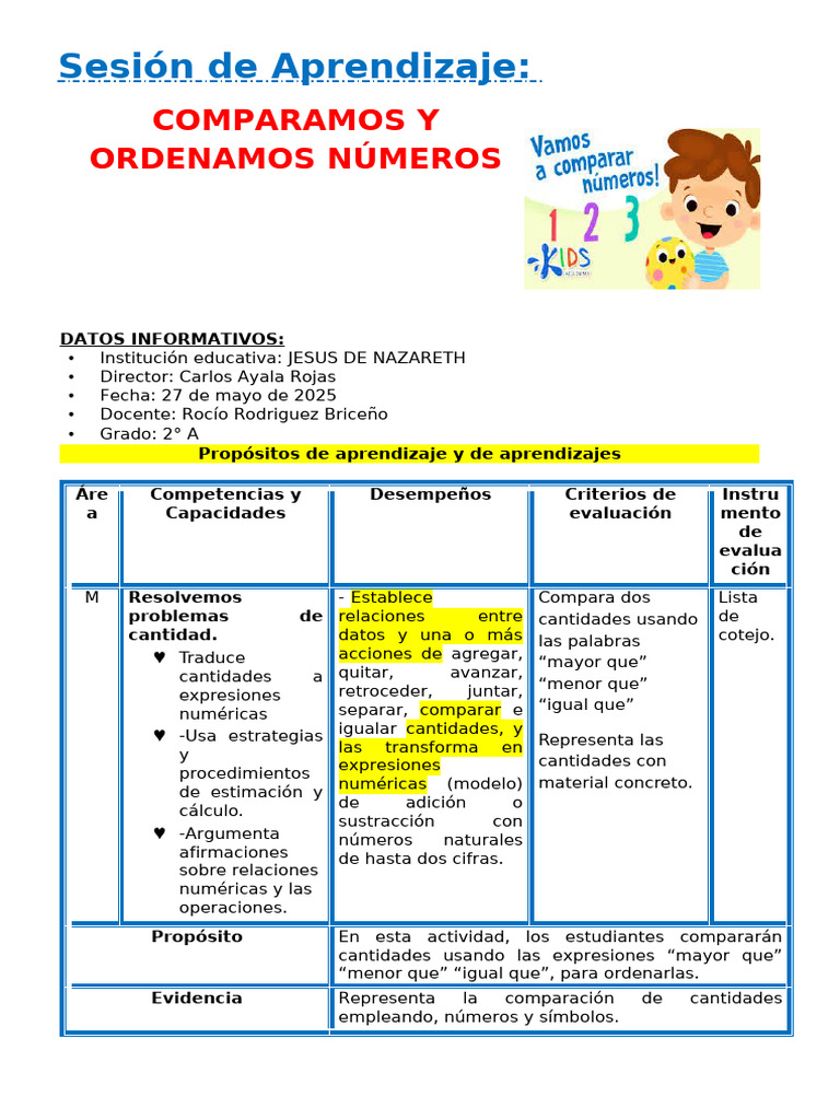 2° Sesión Mat Comparamos y Ordenamos Números | PDF | Evaluación | Aprendizaje