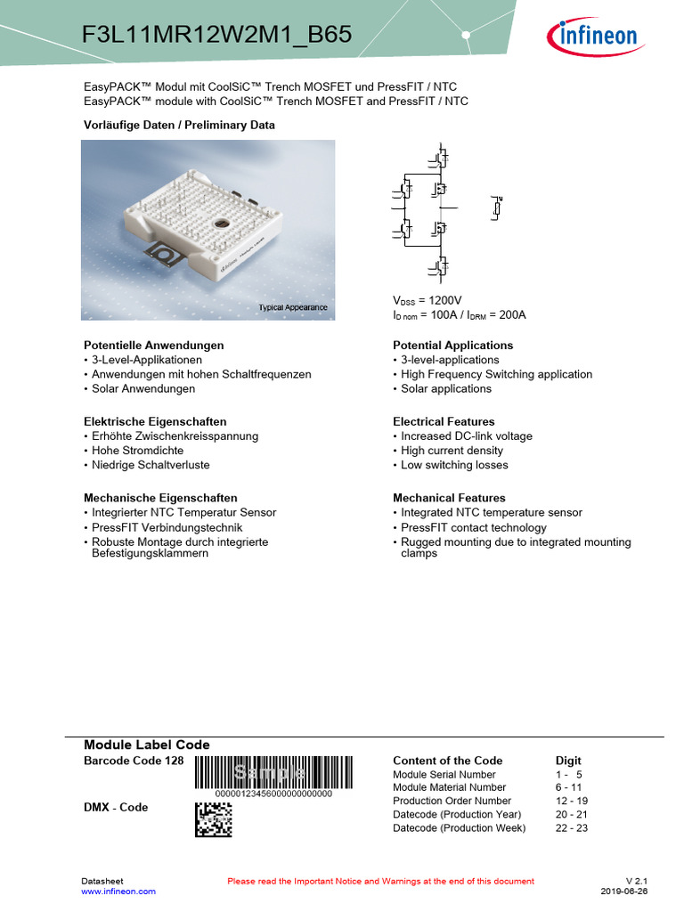 Infineon F3L11MR12W2M1 - B65 DataSheet v02 - 01 EN | PDF | Electronic Engineering | Electronic ...
