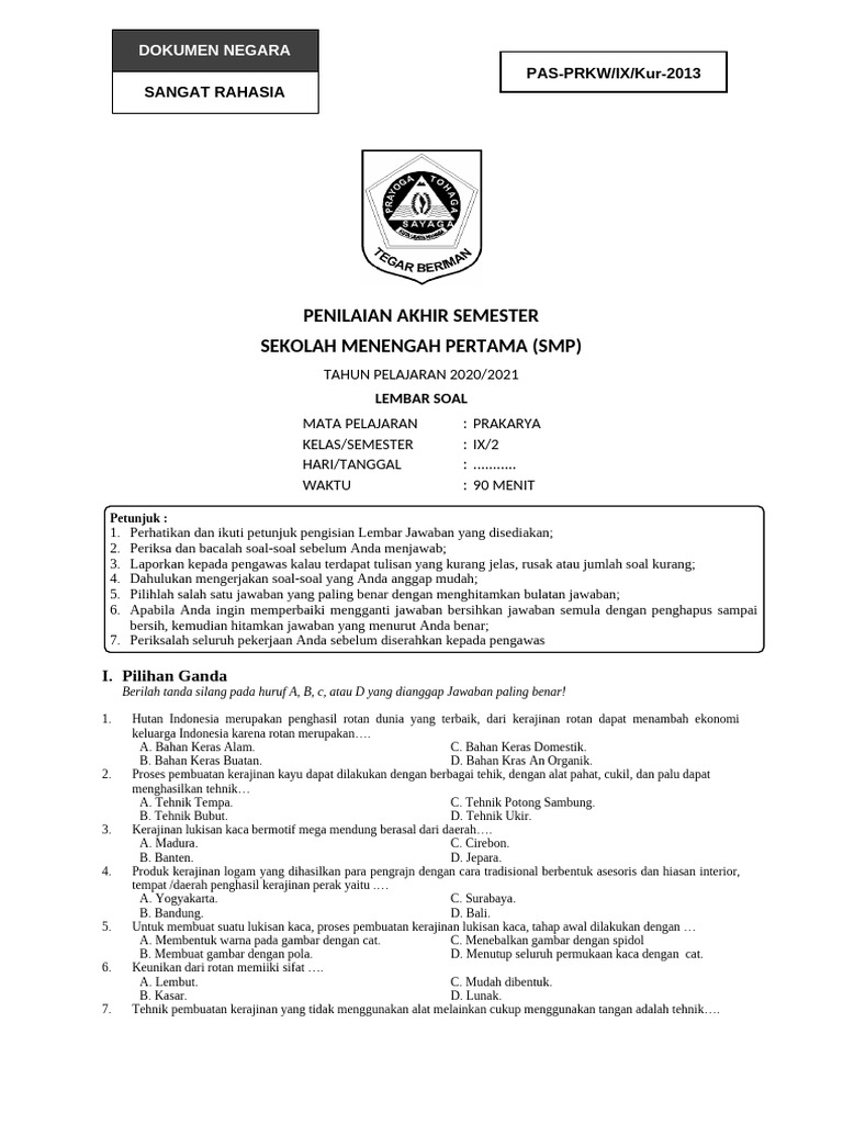 Soal Penilaian Akhir SMP Prakarya 2021 | PDF