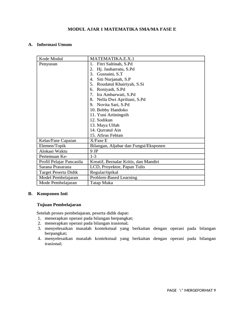 MODUL AJAR 1 MATEMATIKA SMA FASE E (EKSPONEN) - MGMP MTK 0021 | PDF