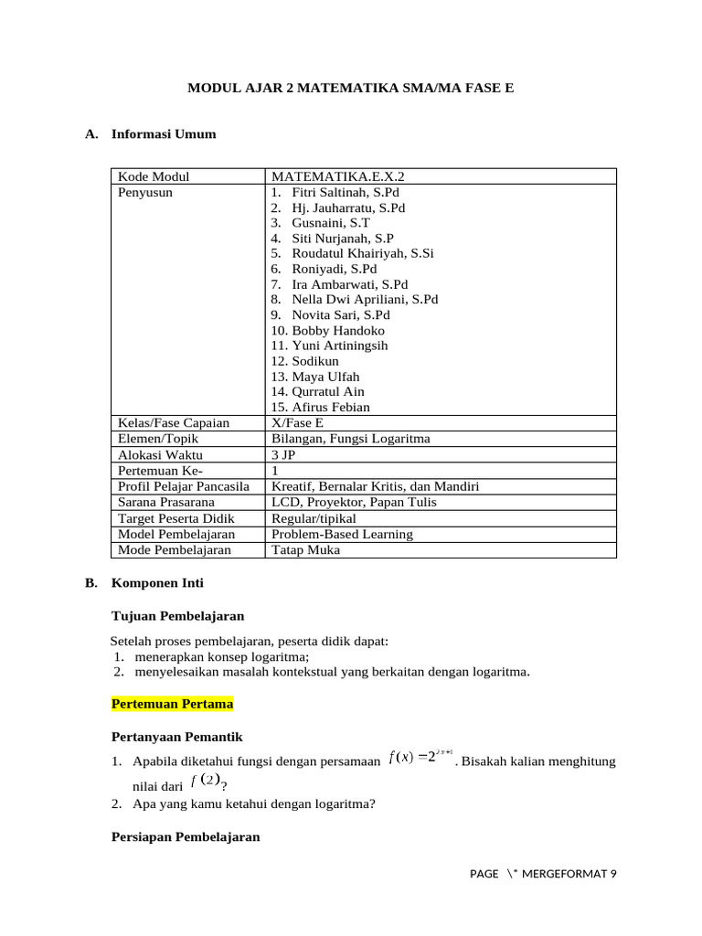 Modul Ajar 2 Matematika Sma Fase e (Logaritma) - MGMP MTK 0021 | PDF