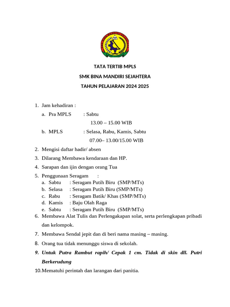 1 Tata Tertib MPLS SMK BMS 2024 2025 | PDF