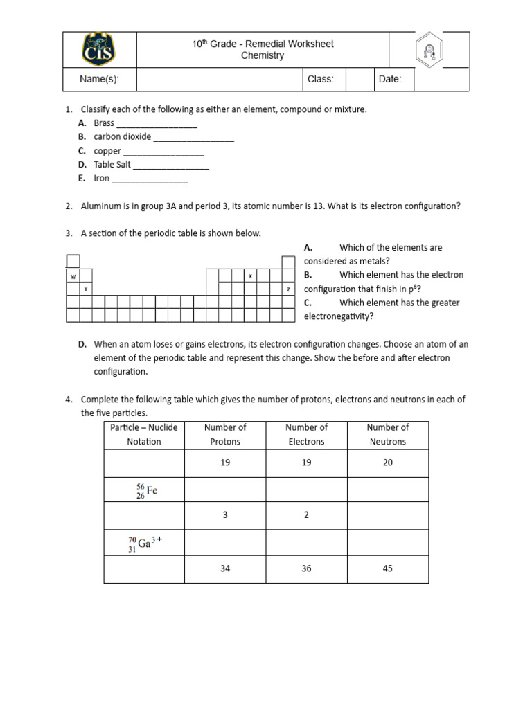10th Grade Chemistry Remedial Worksheet | PDF | Chemical Bond ...