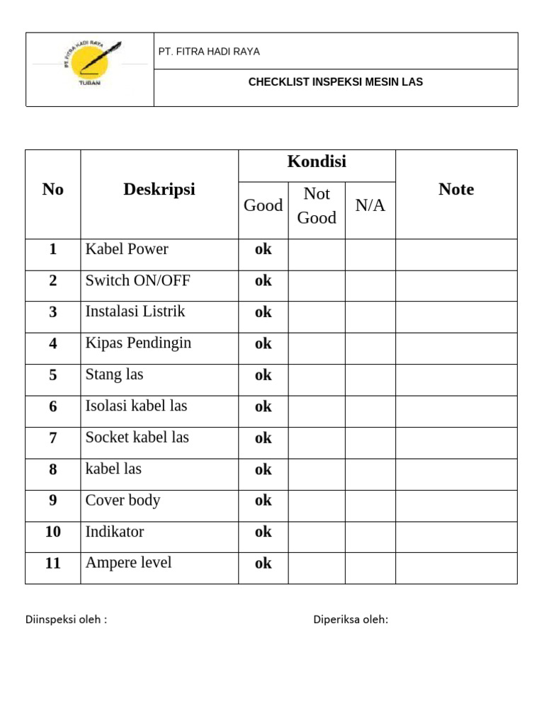 Checklist Inspeksi Mesin Las PT. Fitra Hadi Raya | PDF