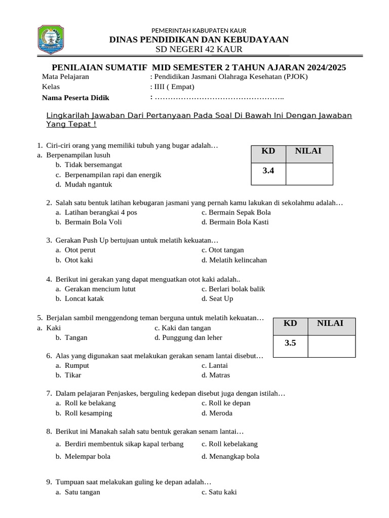 SOAL PJOK SEMESTER 2 Kelas 4 TH 2022 | PDF