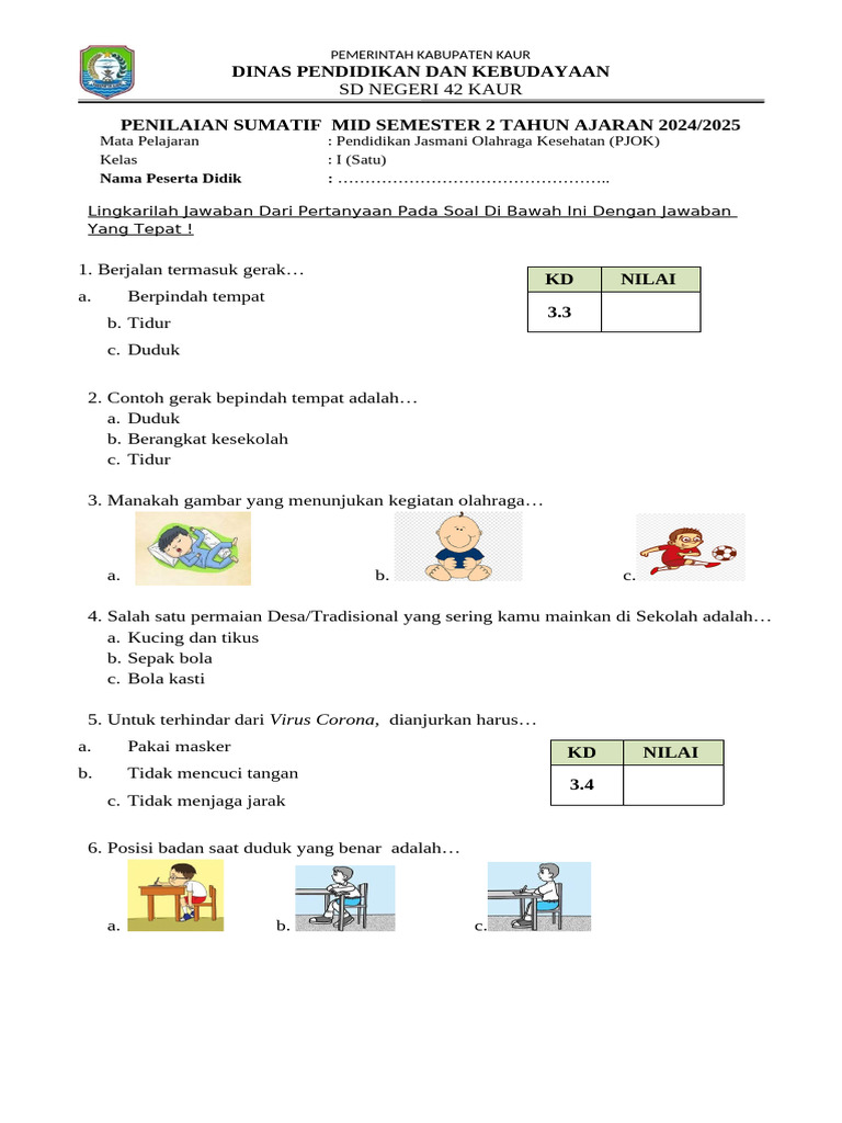 Penilaian PJOK Kelas I Mid Semester 2024 | PDF