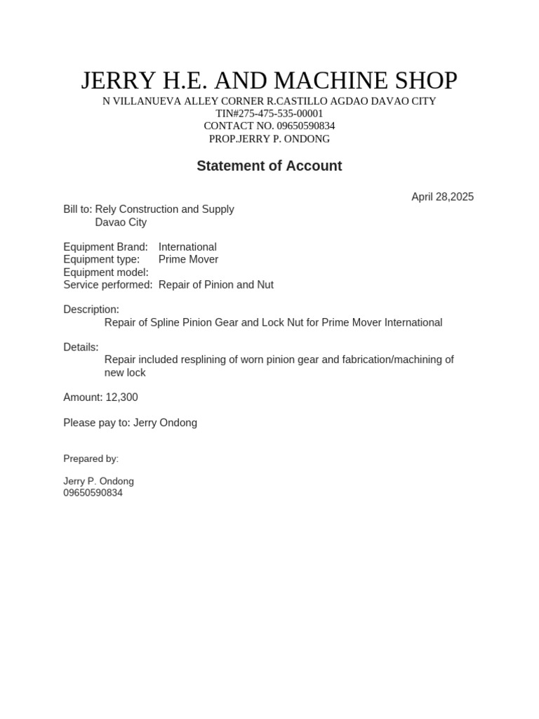 Statement of Account for Equipment Repair | PDF