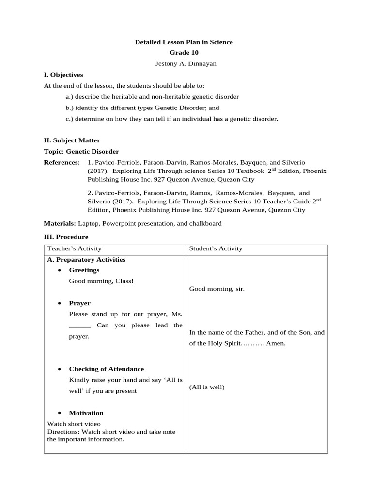 Grade 10 Genetic Disorders Lesson Plan | PDF | Genetic Disorder ...