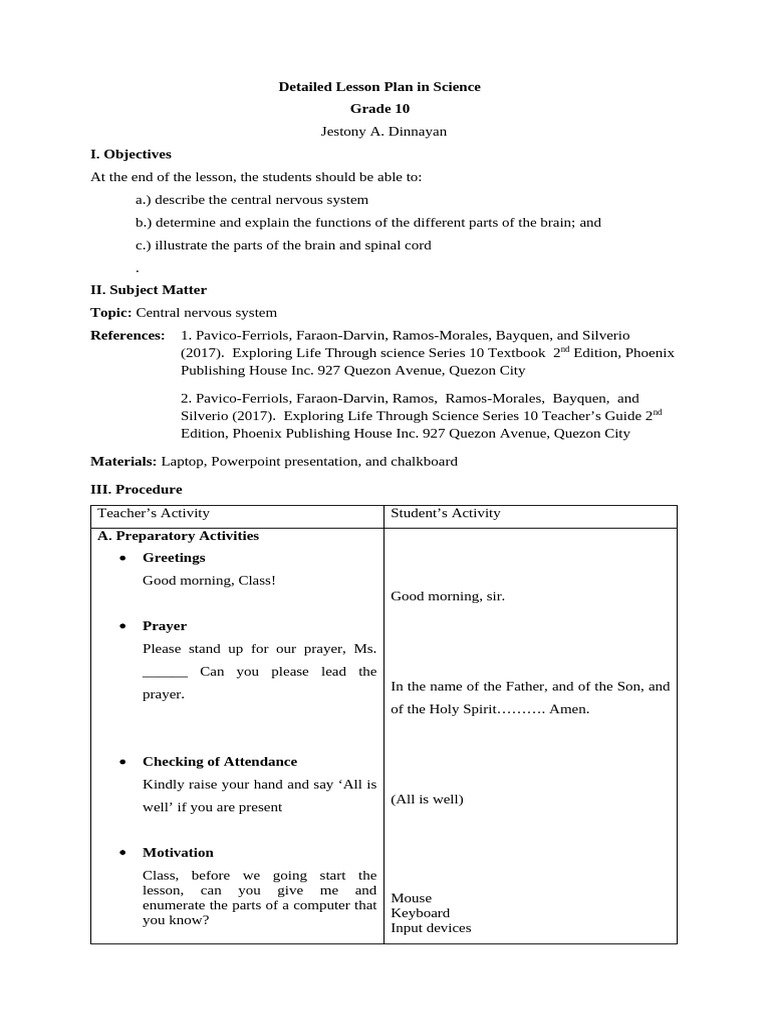 Detailed Lesson Plan in Science Central Nervous System (Brain) | PDF ...