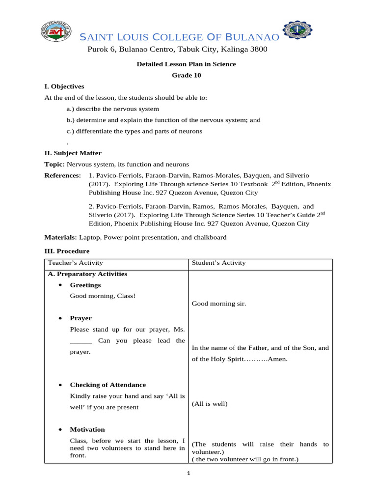 Detailed Lesson Plan in Science 10 Nervous System | PDF | Axon | Neuron