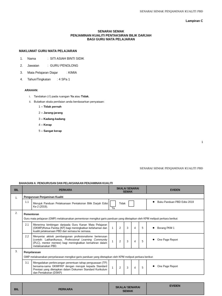 Senarai Semak Penjaminan Kualiti PBD Lampiran C | PDF