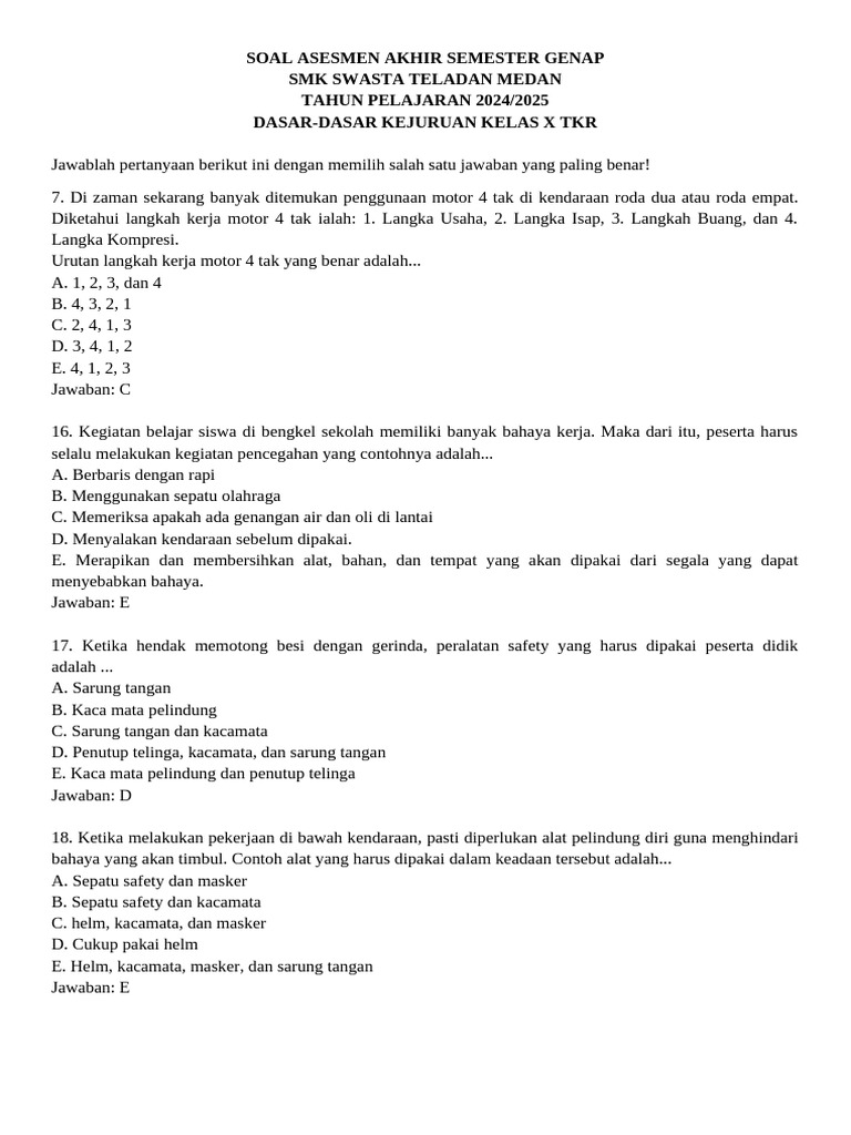 Soal Dasar Kejuruan - Aas Genap 2024-2025 Kelas X TKR - Bagus Harifsyah | PDF