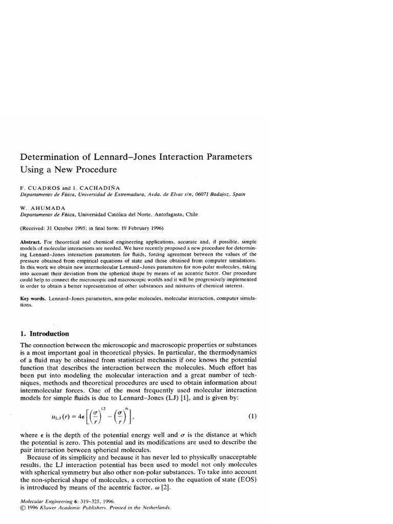 Lennard-Jones Parameters of Some Substances | PDF