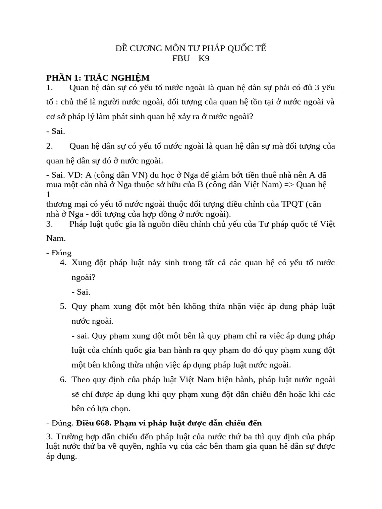ĐỀ CƯƠNG MÔN TƯ PHÁP QUỐC TẾ k9 | PDF