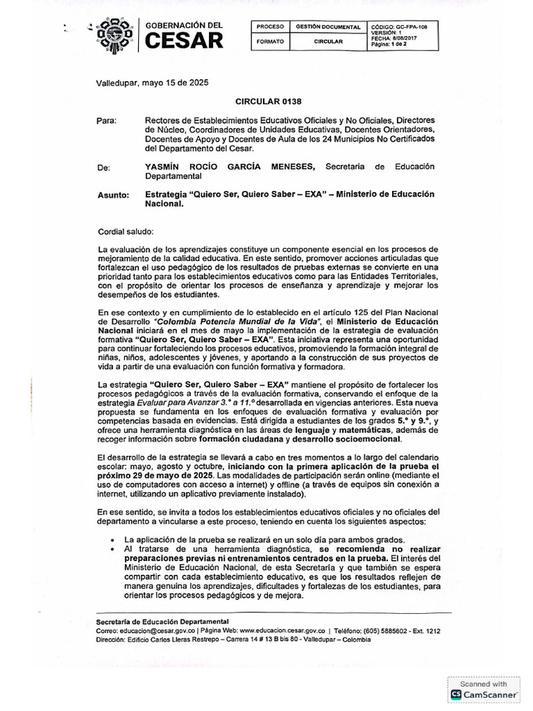 Circular 0138 - Quiero Ser, Quiero Saber - Exa | PDF