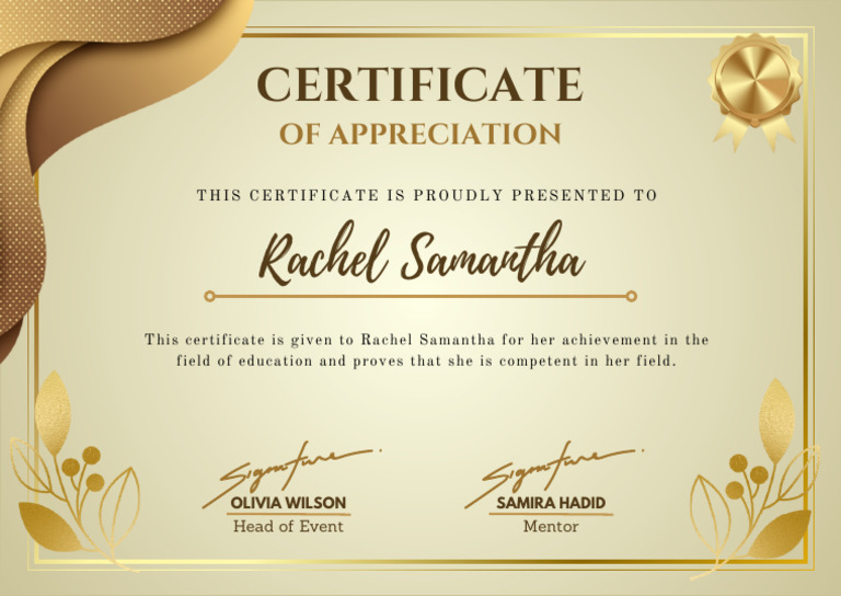 Gold and Brown Elegant Professional Certificate of Appreciation Certificate | PDF