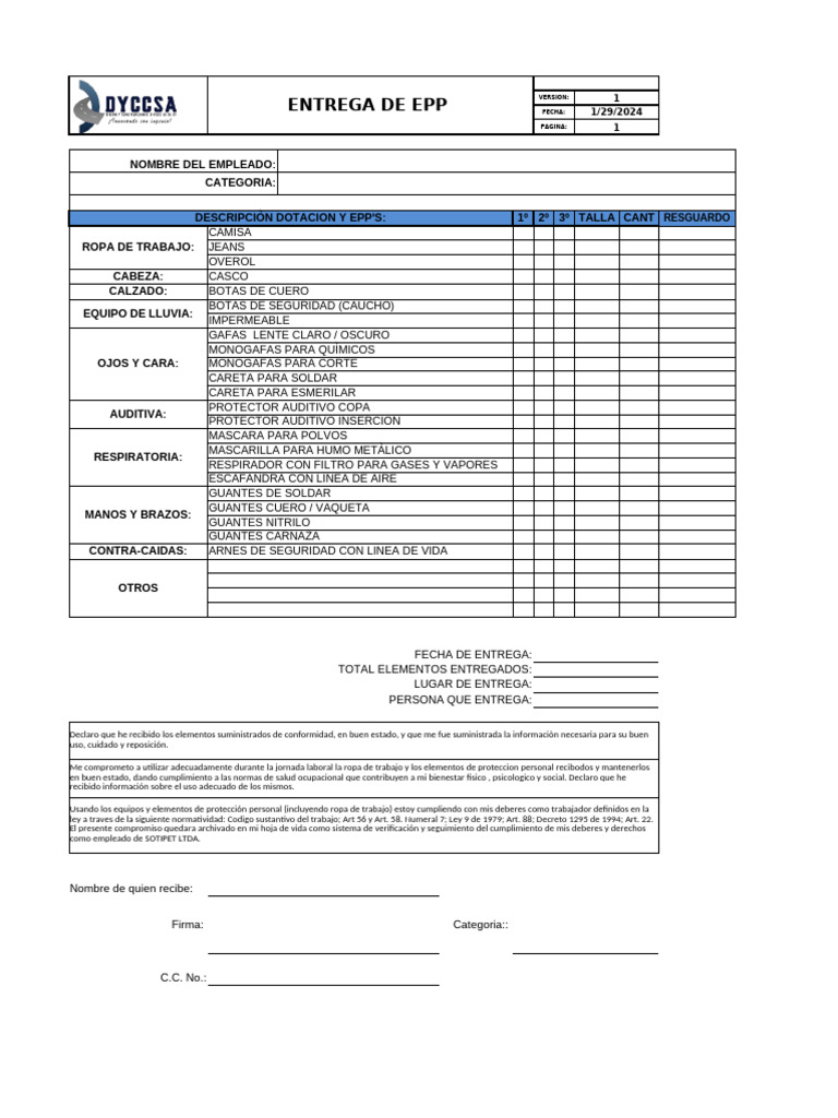 Entrega de Dotación de Epp | PDF