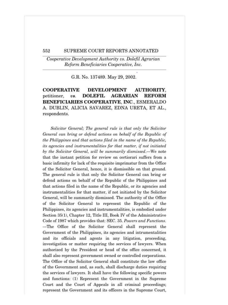 eSCRA Full Text - Cooperative Development Authority v. Dolefil Agrarian ...