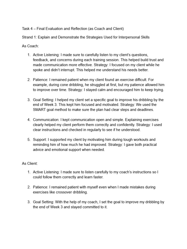 Task4 - Final Evaluation and Reflection (As Coach and Client) | PDF | Flexibility (Anatomy ...
