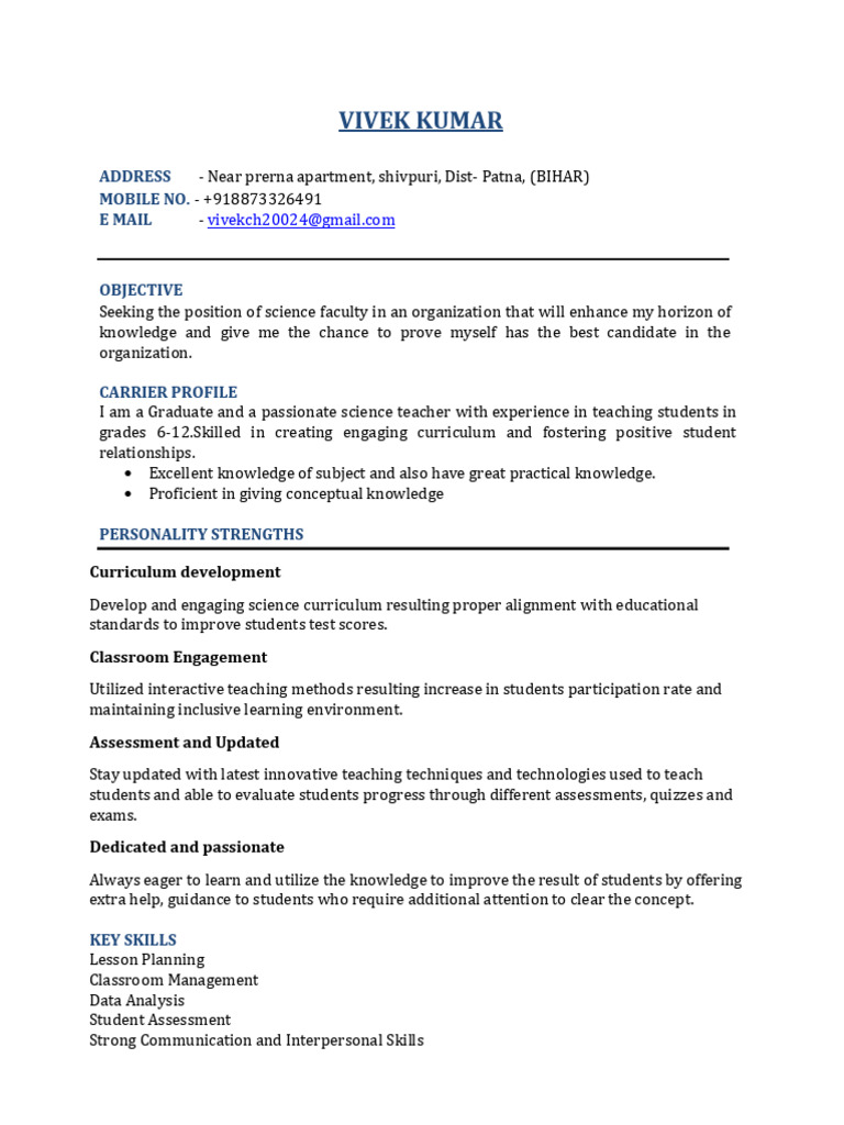 vivek kumar teacher resume | PDF | Curriculum | Teachers