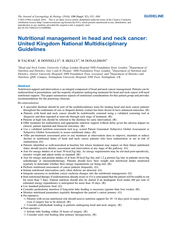 Nutritional Management in Head and Neck Cancer - United Kingdom National Multidisciplinary ...