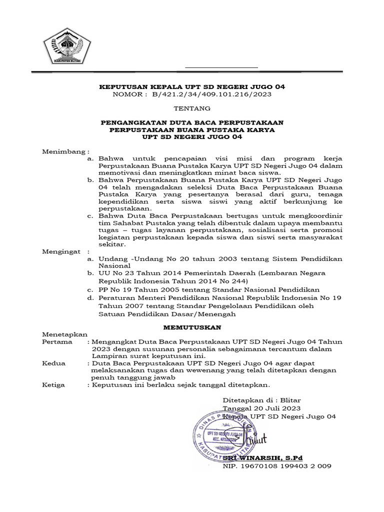 Pengangkatan Duta Baca UPT SD Jugo 04 | PDF