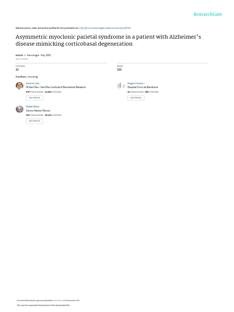 Asymmetric Myoclonic Parietal Syndrome in A Patien | PDF | Cerebral ...
