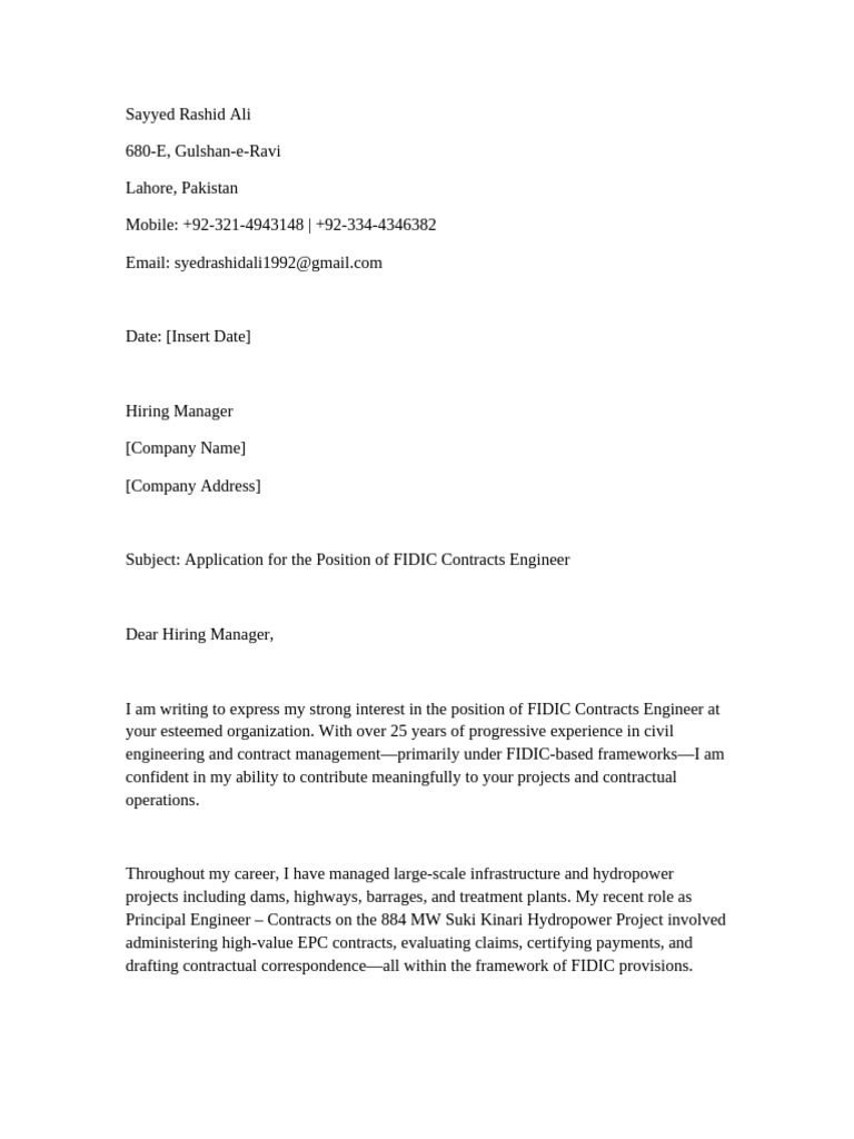 FIDIC Cover Letter | PDF