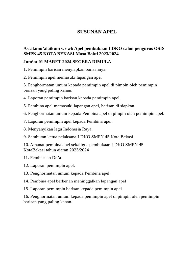Susunan Apel LDKO OSIS SMPN 45 2024 | PDF